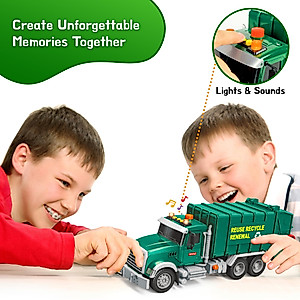 MOBIUS Toys Garbage Truck Toy – Recycling Vehicle for Boys with 3 Garbage Cans + 48 Flash Cards – Push & Go, Lights & Sounds – Multi-Functional Trash Truck w/Moving Parts for Ages 3-8