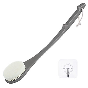 Body Brush Back Scrubber, 17 in Never Mold Back Brush Long Handle for Shower, Exfoliating Brush Dry Brushing Body Brush for Men Women Elderly Deep Exfoliation Soft Glowing Skin (17 '' Dark Grey)