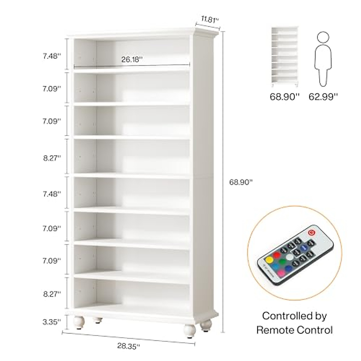 LITTLE TREE 69" Tall Shoe Storage Cabinet with LED Lighting, 9-Tier 30 Pairs Freestanding Shoes Display Cabinet with Solid Wood Legs for Entryway, White
