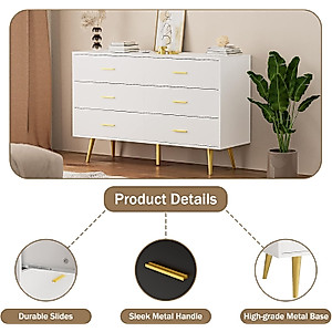 RESOM White Dresser for Bedroom, 6 Drawer Wooden Double Dresser with Gold Handles, Modern Chest of Storage Dresser with Deep Drawers for Living Room, Hallway