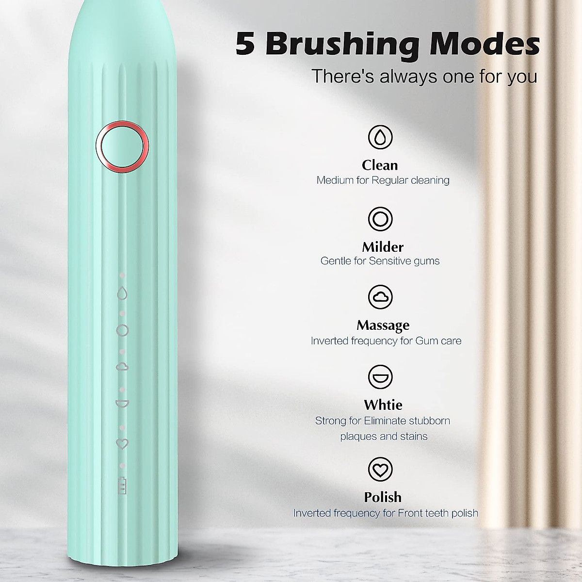 BeastRose Ultrasonic Electric Toothbrushes 5 Modes 5 Brush Heads USB Fast Charge Powered Toothbrush for Adults & Kids (Green)