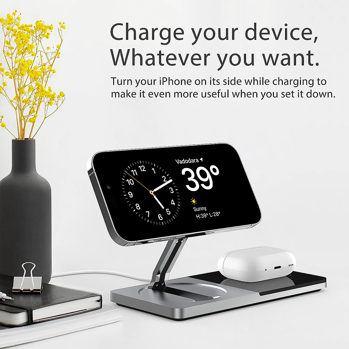 Mag-Safe Charger Stand for iPhone， Wireless Charger Stand for Apple Products, 2 in 1 Magnetic Charging Station for iPhone 15/14/13/12 Series, Airpods 3/2/Pro with Adapter (Sliver)