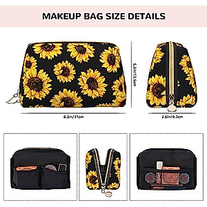 MZERSE Vintage Makeup/Travel/Cosmetic Portable Bag with Zipper, Lightweight Toiletry Bag Case Pouch Compatible With Floral Black Yellow Flowers Sunflower, Luxury Cash Pencil Bag Gift