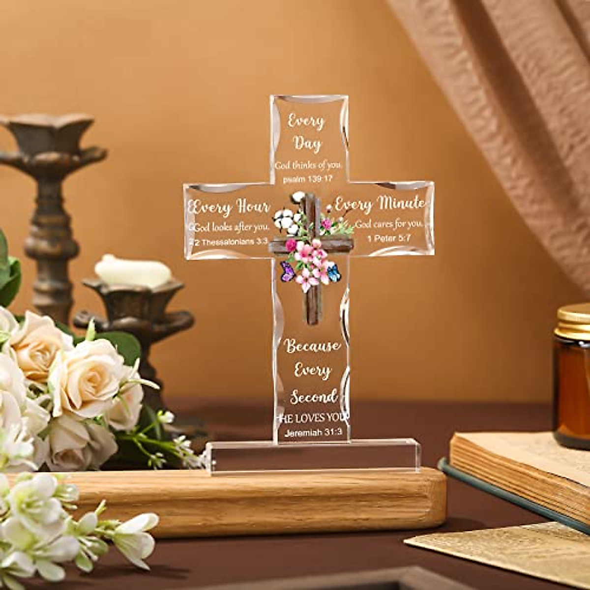 Acrylic Christian Standing Cross Inspirational Gifts with Bible Verse and Prayers Sunflower Religious Scripture Gifts for Women Men Friends Mom Wife Friends Colleague (Fresh Style)