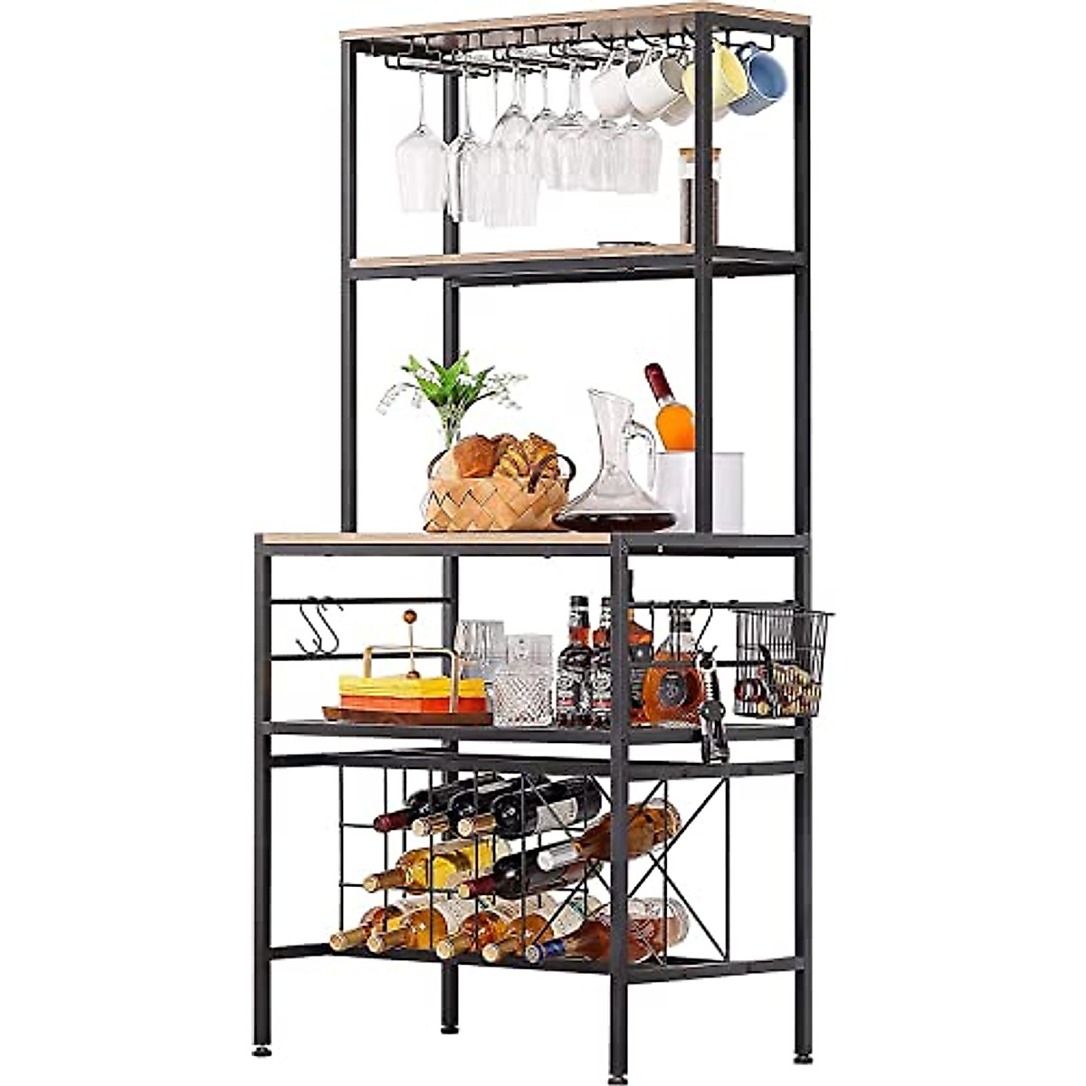 Coffee Bar Cabinet with Glass Holder,Wine Rack Freestanding Floor,Wine Rack Table with Mug Rack and Bottle Holder, Floor Liquor Wine Cabinet Storage, Multi-use Bar Cabinet for Home Kitchen Dining Room