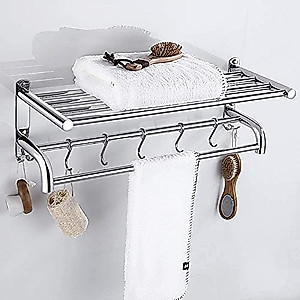 Generic Towel Rail,Bathroom Shelf Stainless Steel Bath Towel Rack Wall-Hung Bathroom Hardware Hanging Hotel Rack Shelf for Kitchen or Bathroom with Hooks/60Cm