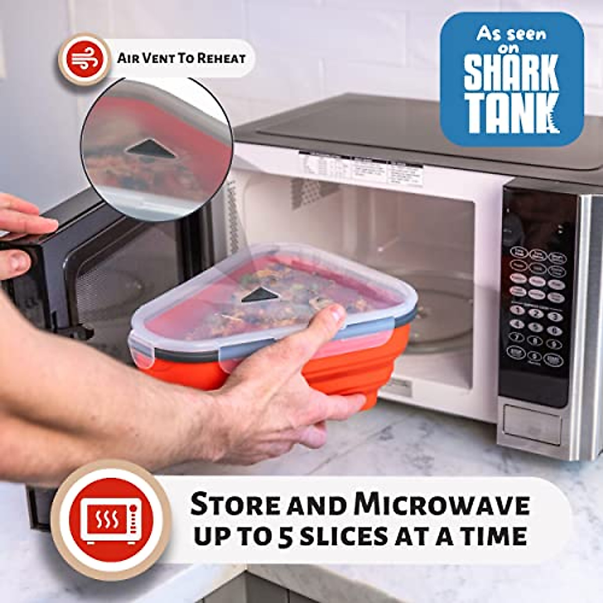 The Perfect Pizza Pack™ - Reusable Pizza Storage Container with 5 Microwavable Serving Trays - BPA-Free Adjustable Pizza Slice Container to Organize & Save Space, Red