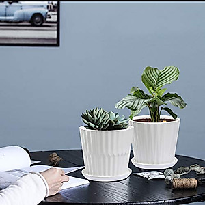 sietpoek Plant Pots - 6.7 Inch Cylinder Ceramic Planters with Connected Saucer, Pots for Succuelnt and Little Snake Plants, Set of 2, White