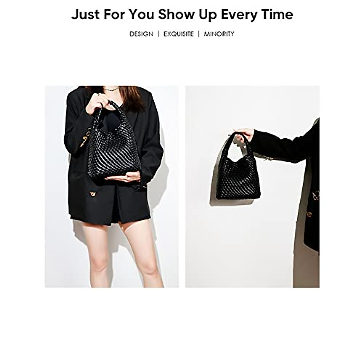 Woven Leather Bags for Women Knoted Women Handbag Designer Shoulder Bucket Purse Handmade Fashion Tote Hobo Bag Black-Small