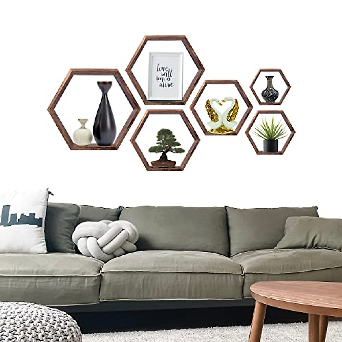 6 Piece - Hexagon Shelves Set | Honeycomb Floating Wooden Shelves | Great Hanging Shelf Option for Home or Office Wall Decor - Dark Brown