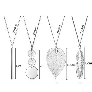 YQZIYOU 4 PCS Long Necklaces for Women - Fashion Pendant Necklace Jewelry, Silver Bar Feather Circle Leaf Lock Tassel Y Necklace Jewelry Set