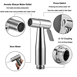 Bidet Sprayer Head, Stainless Steel Handheld Bidet Sprayer kit with Hook, Baby Cloth Diaper Sprayer, Easy to Install for Personal Hygiene and Bedpan WC Sprayer