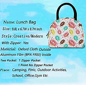 ZzWwR Cute Colorful Splashed Donuts Reusable Lunch Tote Bag with Front Pocket Zipper Closure Insulated Cooler Container Bag for Man Women Work Picnic Travel Beach Fishing