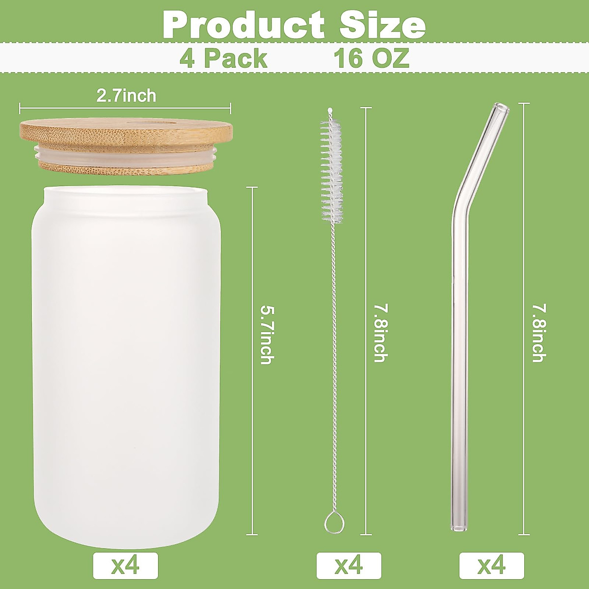 CYEAH 16 Oz Frosted Glass Cups With Bamboo Lids and Straws, 4 Pcs Sublimation Tumblers, 2 Brushes, Reusable Mason Drinking Glasses for Iced Coffee, Juice, Boba, Milk