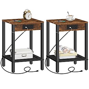 HOOBRO Side Table with Charging Station, Set of 2 End Tables with USB Ports and Outlet, Nightstand with 2-Tier Storage Shelf, for Living Room, Bedroom, Small Space, Rustic Brown and Black BF91UBZP201