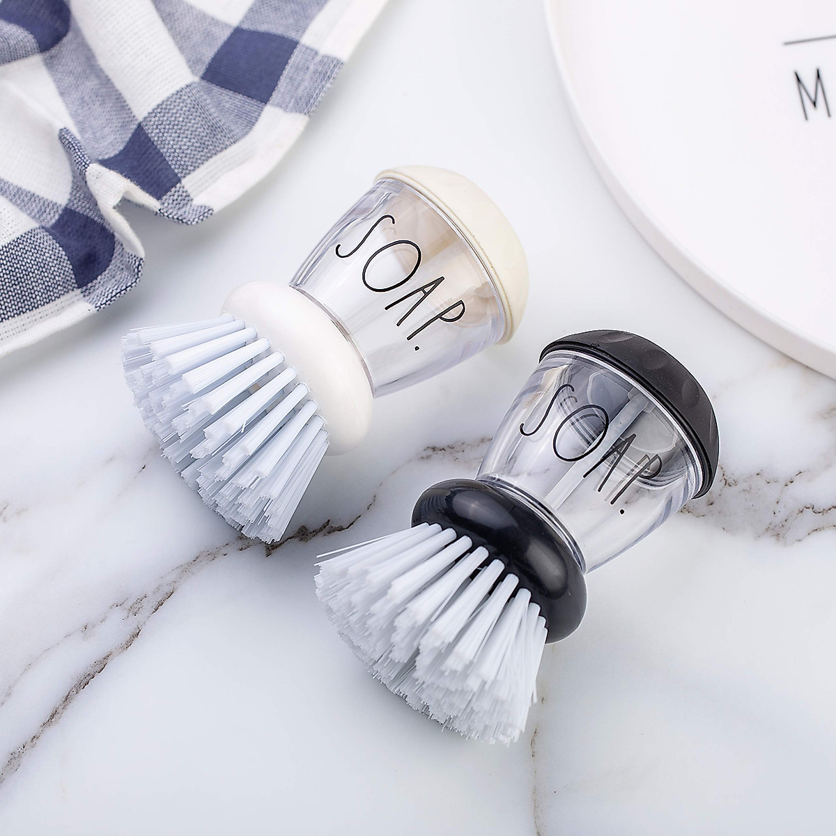 Rae Dunn Collection Soap Dispensing Dish Brush Set - Set of 2 Palm Brush Dish Scrubber with 2 Replacement Brush Heads