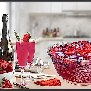 Pro Dispose Plastic Punch Bowl with Ladle | 8 Quart Clear 2 Gallon Punch Plastic Bowls | BPA Free Recyclable Punch Set of Bowl and 5 oz. Ladle | Embroidered Punch Bowl with Serving Ladle for Parties