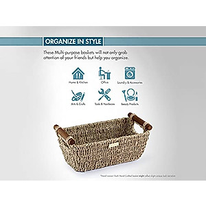 ADO Basics Seagrass Hand Woven Basket with Stain Resistant Polished Wooden Handles, Toilet paper Storage Wicker Baskets 12 inches Length, 6.29 inches Width, 4.25 inches Height, Natural