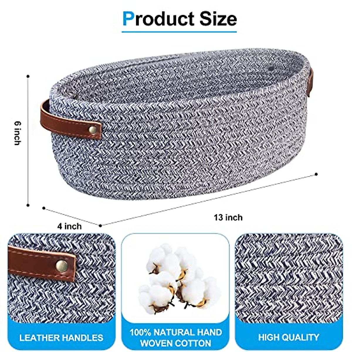 AmapleL Toilet Basket Tank Topper, Small Cotton Rope Woven Basket, Toilet Paper Basket with Handles, Storage Basket for Bathroom, 13"x5.9"x4" Blue