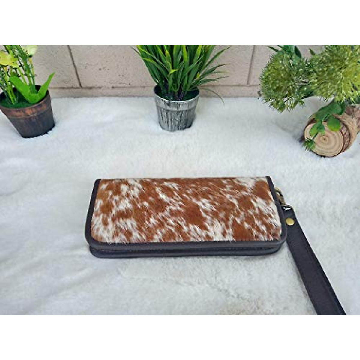 Womens Zipper Wristlet Clutch - Brown Cow Hide Cow Skin Leather Hand Clutch Zip Phone Wallet Clutch Card Case 8' X 4' - Gift for her