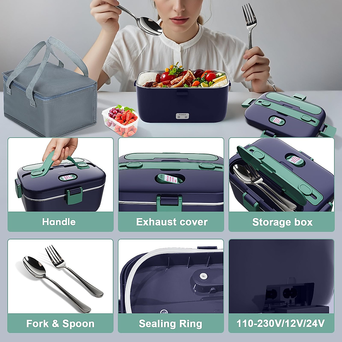 DUPASU Electric Lunch Box 60W Food Heated 12V 24V 110V Portable Food Warmer Heater for Car/Truck/Home Self Heating Box with 1.8L 304 Stainless Steel Container 0.45L Compartment (Green+Royal blue)