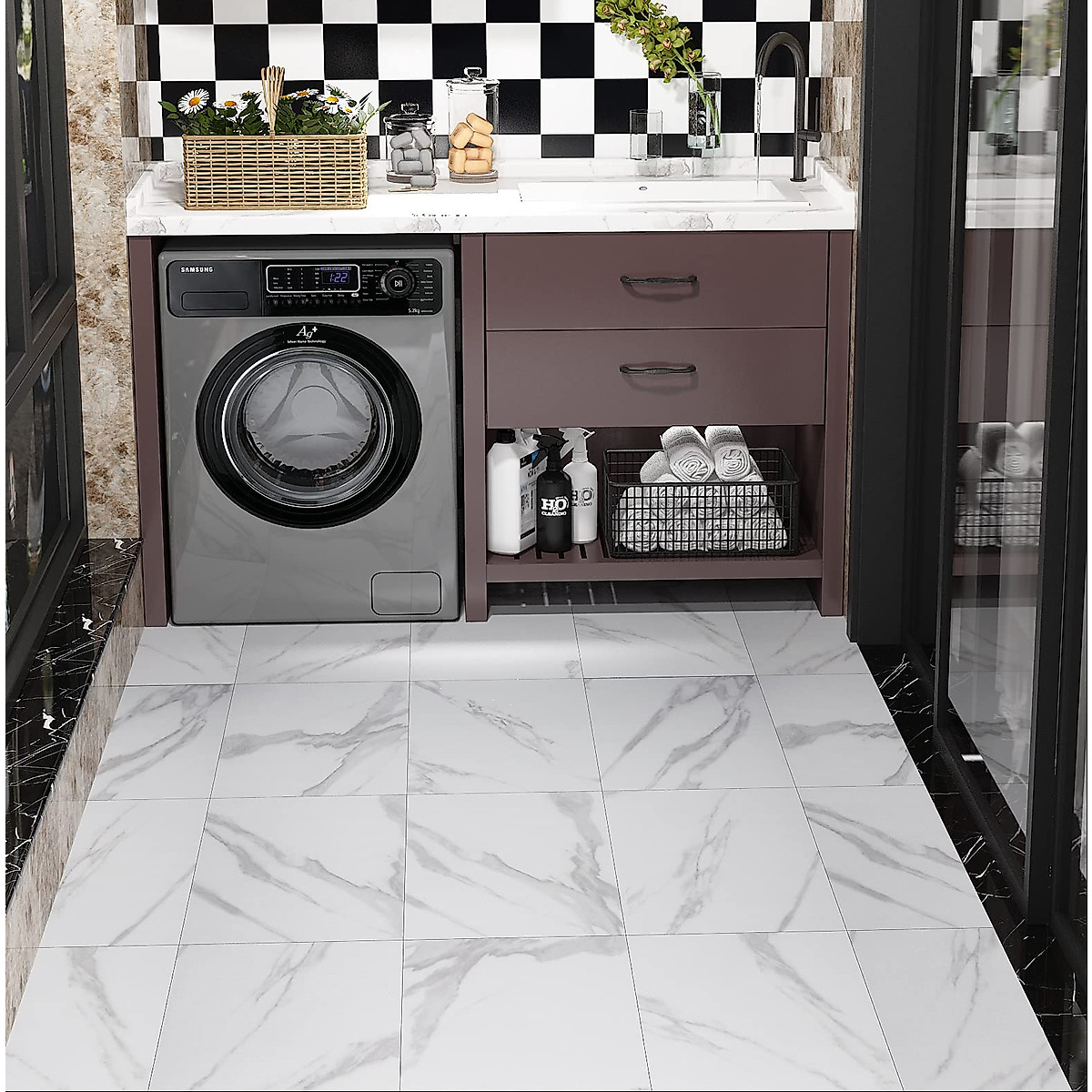 Livelynine 32-Pack Grey and White Flooring Peel and Stick Floor Tile Waterproof Marble Vinyl Floor Tiles Bathroom Kitchen Living Room Bedroom Laminate Flooring Stick on Floor Covering Linoleum 12X12