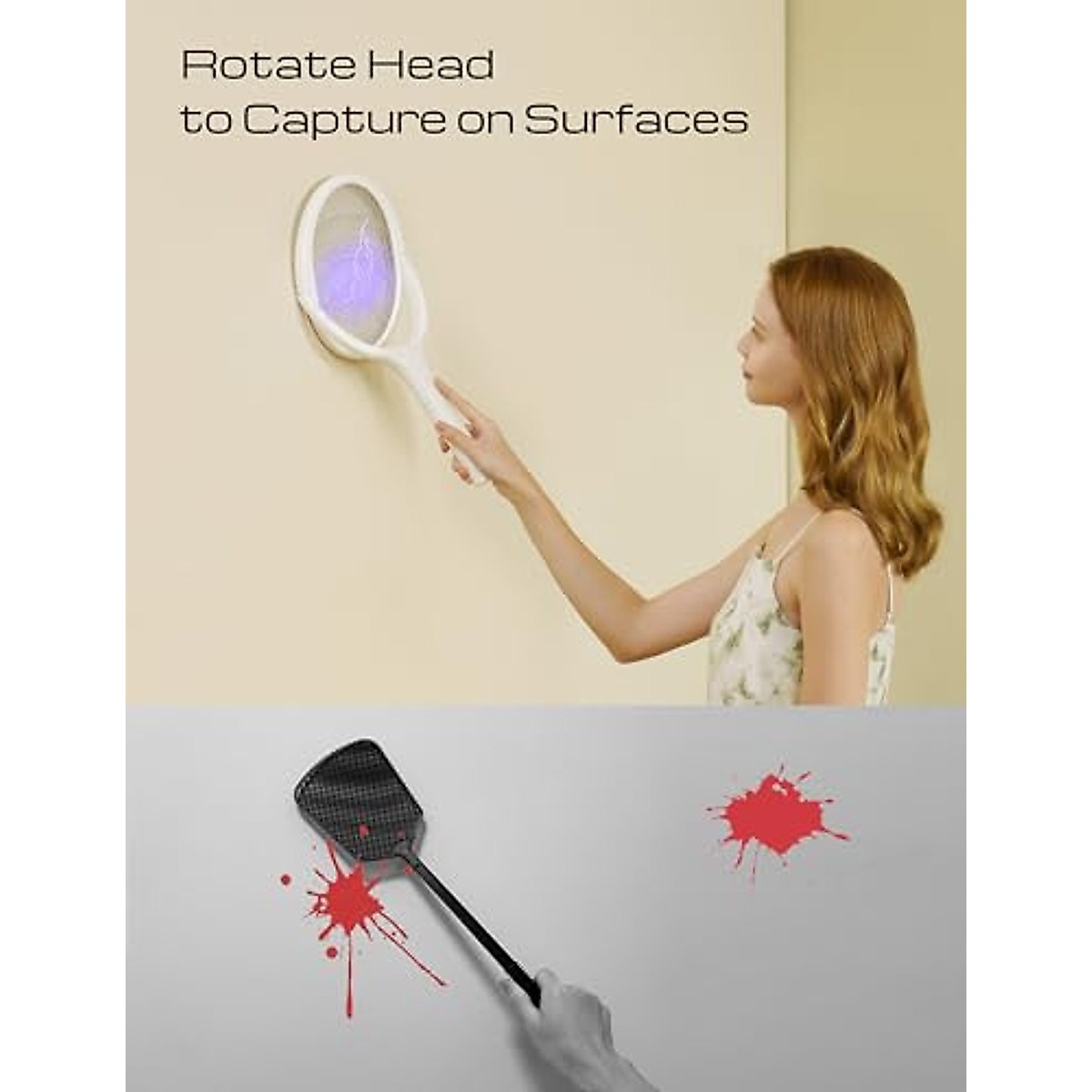 Rotating Head Rechargeable Fly Swatter Electric Fly Swatter Racket Bug Zapper Racket Indoor Bug Zapper Indoor Fly Zapper Repellent Fruit Fly Trap Mosquito Zapper, with a Telescopic Extension