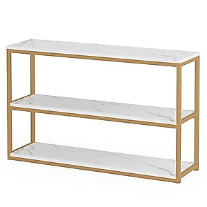 LITTLE TREE Modern Gold White Entryway Hallway Accent Console Table TV Stand with Faux Marble Veneer