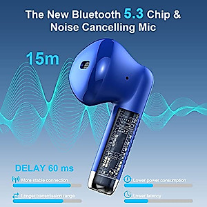 Wireless Earbud, Bluetooth 5.3 Earbud Stereo Bass, Bluetooth Headphones in Ear Noise Cancelling Mic, Earphones I-PX7 Waterproof Sports, 32H Playtime USB C Charging Case Blue Ear Buds for Android iOS