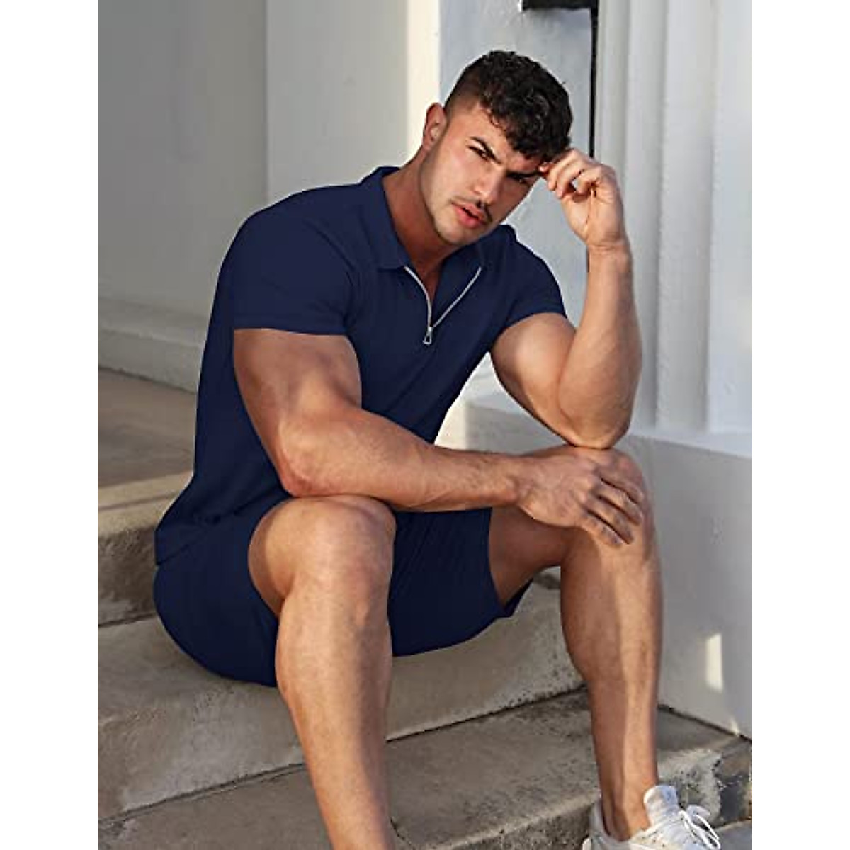 URRU Mens Classic 2 piece Polo Shirts Zipper Short Sleeve Solid Casual Slim Fit Basic Lapel Polos and Shorts Navy XXL