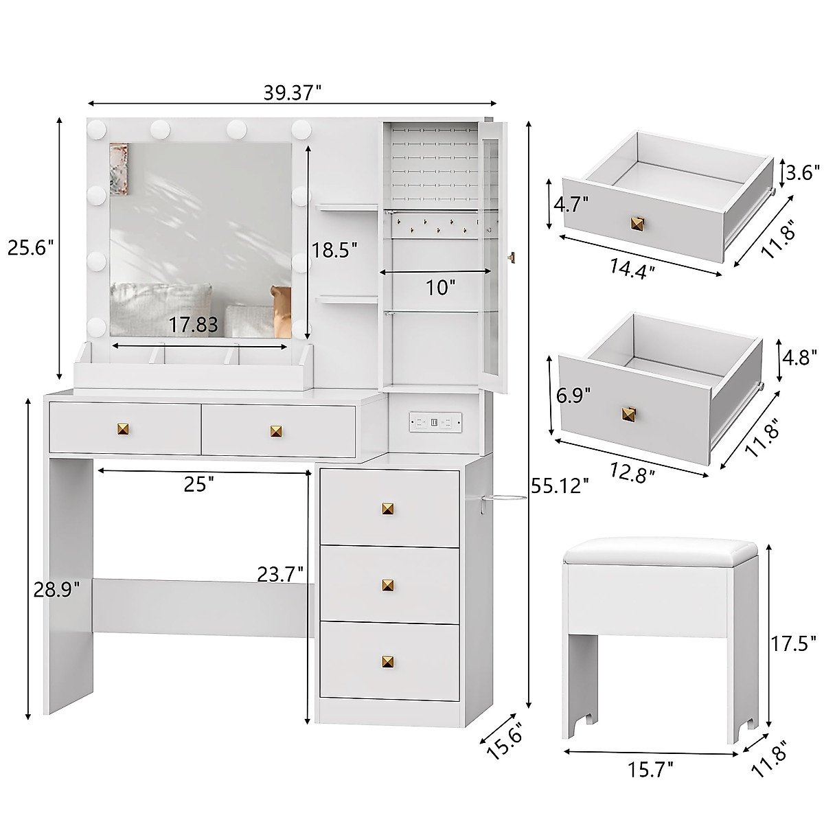 Vanity Desk with Mirror and Lights, White Makeup Vanity with 5 Drawers Hidden Jewelry Organizer& LED Glass Cabinet,3 Lights Mode and Brightness Adjusted,Vanity Mirror with Lights Desk and Chair