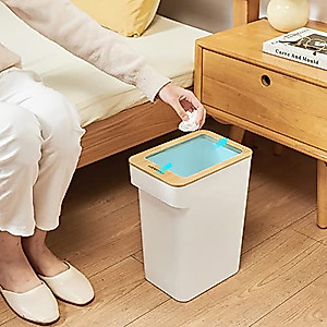 Doyingus Slim Wastebasket 2.6 Gal, Small Trash Can with Bamboo Lid Rectangular Plastic Garbage Can for Bathroom, Bedroom, Kitchen, Office, Living Room (White)