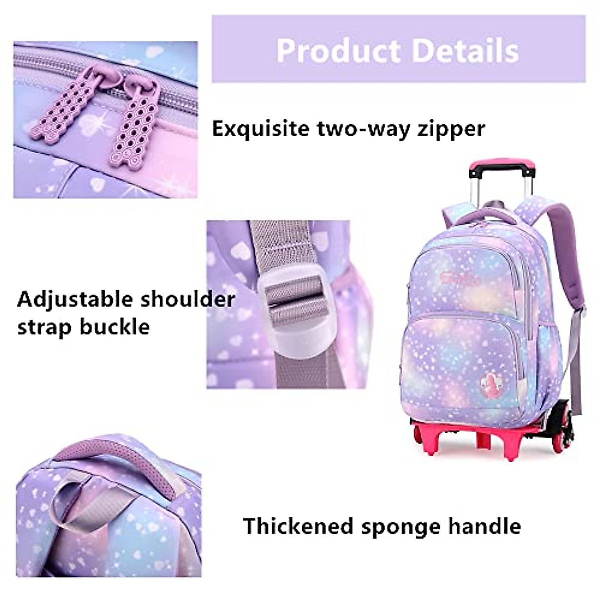 LANSHIYA 3Pcs Rolling Backpack for Girls Dream Princess Wind Bookbag with Wheels Travel Bag Trolley School Bag with Lunch Box Purple