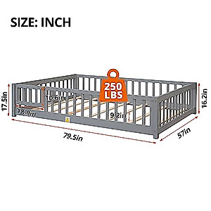 LLS Full Floor Bed for Children, Durable Montessori Floor Bed with Wood Slats, Safety Fence & Small Door, Wood Floor Bed Frame for Girls Boys and Children, Gray (with Bed Slats)