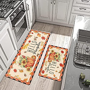 Falflor Fall Kitchen Rug and Mats Pumpkin Sunflower Decorative Kitchen Floor Mats Non Slip Kitchen Rug Heavy Duty Comfort Standing Mats for Kitchen Sink