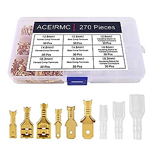 ACEIRMC 270Pcs Assortment Kit Quick Splice Male and Female Wire Spade 2.8/4.8/6.3mm Connector Crimp Terminal Block with Insulating Sleeve for Electrical Wiring Car Audio Speaker (Gold)