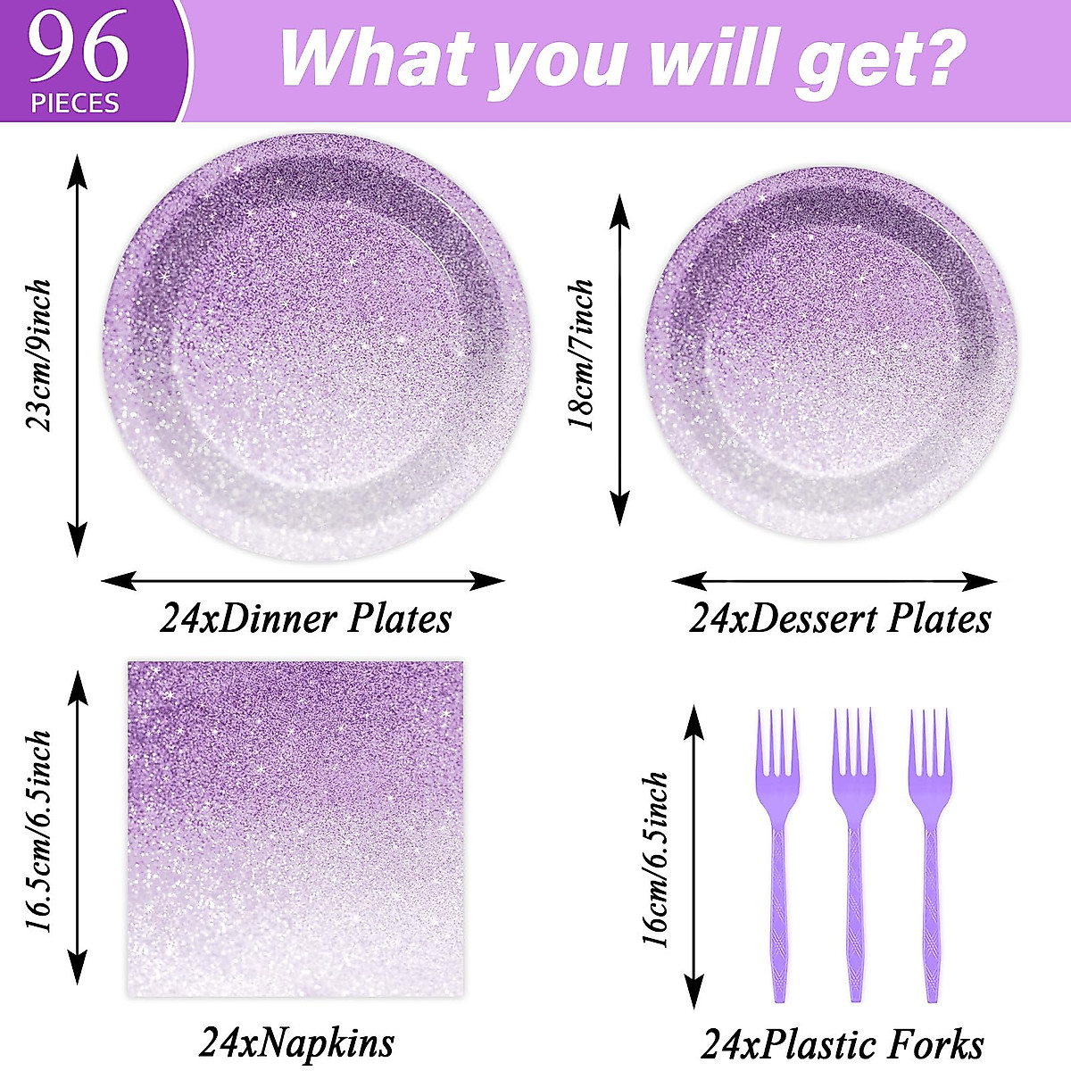 96 Pcs Ombre Purple Party Supplies Set for 24 Guests Gradient Pastel Purple Tableware Plates Dinnerware Table Decorations for Girl Woman Light Purple Sprinkle Wedding Birthday Anniversary Party Favors
