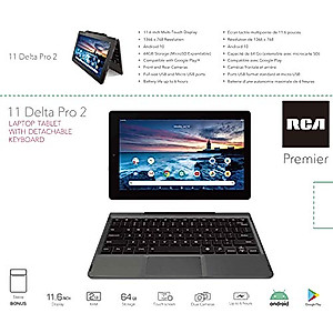 RCA 11 Delta Pro2 11.6 Inch Quad-Core 2GB RAM 64GB Storage IPS 1366 x 768 Touchscreen WiFi Bluetooth with Detachable Keyboard Android 10 Tablet Charcoal