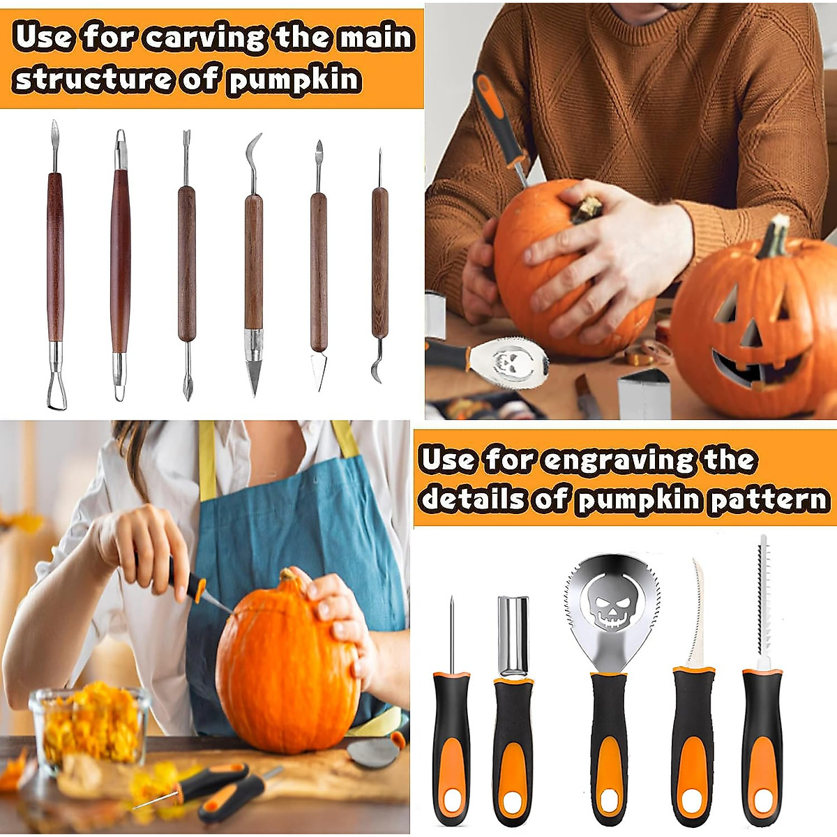 EIKEJI Pumpkin Carving Kit with Stencils, 11 Pcs Professional Carving Tools with 10 Pumpkin Carving Stencils, Heavy Duty Stainless Steel Pumpkin Carving Set for Halloween Decoration Jack-O-Lanterns