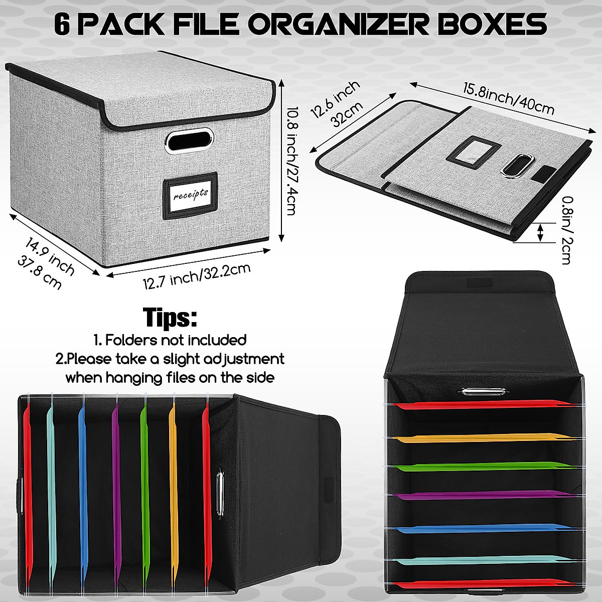 Patelai File Organizer Boxes Set of 6, Collapsible Linen Filing Cabinets Hanging File Folder Storage Boxes with Lid and PVC Sliding Rail Portable Letter Legal Document Organizer Bins for Office Home