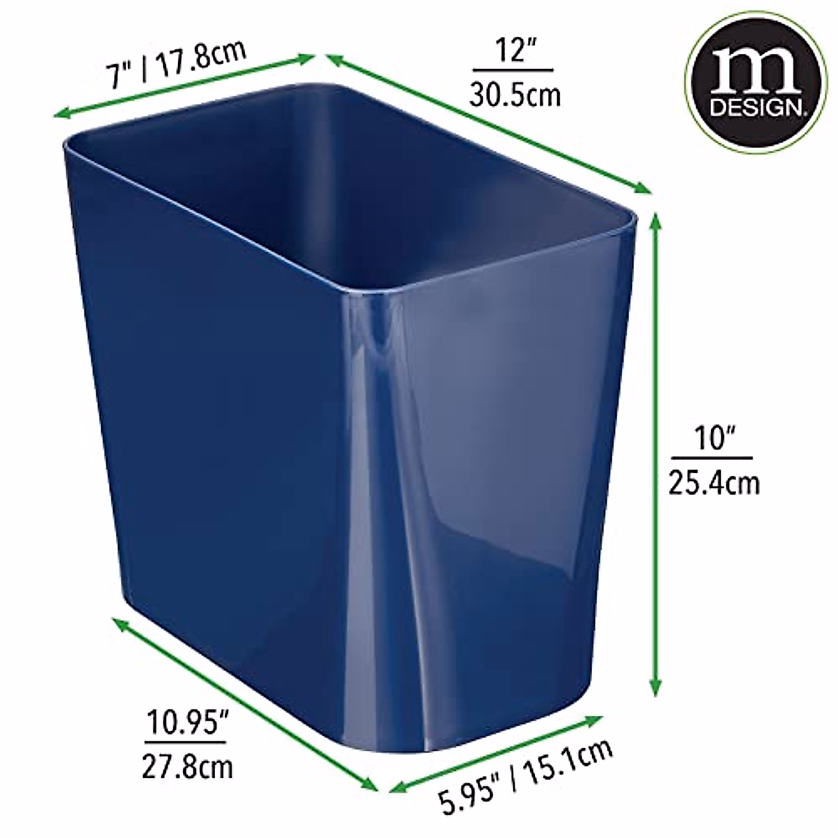 mDesign Plastic Small 3-Gallon Wastebasket, Trashcan Container Bin - for Bathroom, Bedroom, Kitchen, Home Office, Laundry Room - Holds Trash, Garbage, Waste - Navy Blue