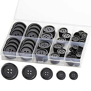 Premium 100 Pcs Resin Sewing Buttons, Eco-Friendly 4-Hole Craft Buttons, 5 Sizes of Black Round Mixed Buttons Suitable for Sewing, DIY and Holiday Decoration