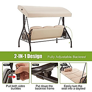 GYUTEI 3-Seat Outdoor Patio Swing Chair,Porch Swing Chair with Adjustable Backrest and Canopy,Outdoor Porch Swing Glider Chair,w/Cushions,Pillows and Cup Holders for Porch,Backyard(Khaki)