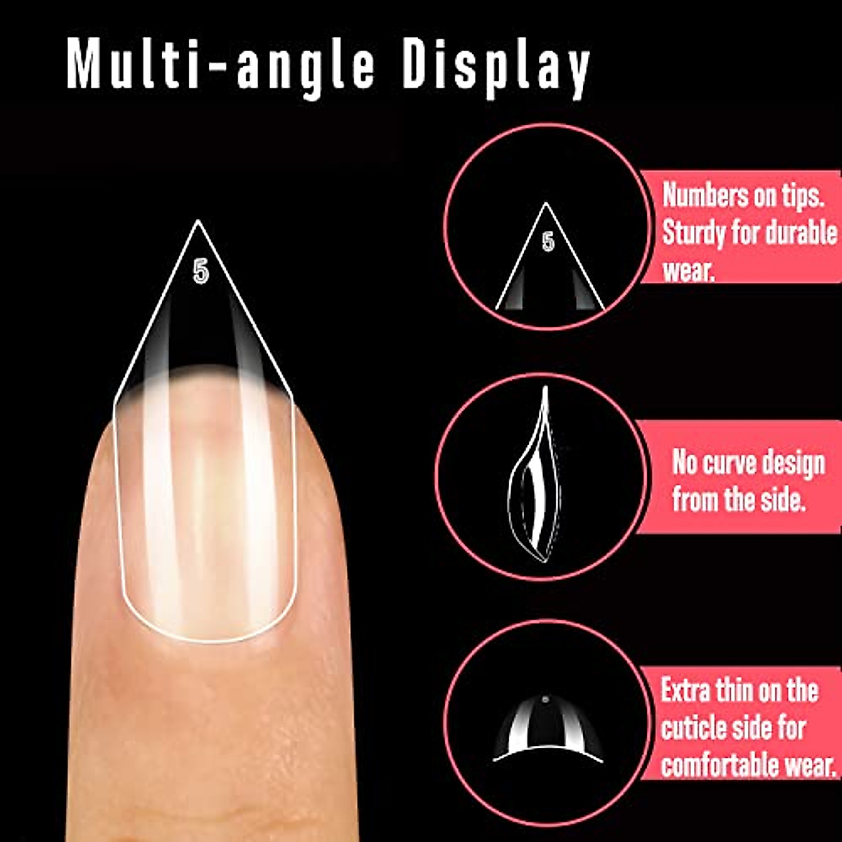 NOVO OVO 500 pcs Short Stiletto Full Cover French Manicure Nail Tips, Extra Sharp Arrow Head Mountain Peak Edge Pointy Eagle Cat Claw Fishbone Clear False Fake Nails Extension for Acrylic 10 Sizes