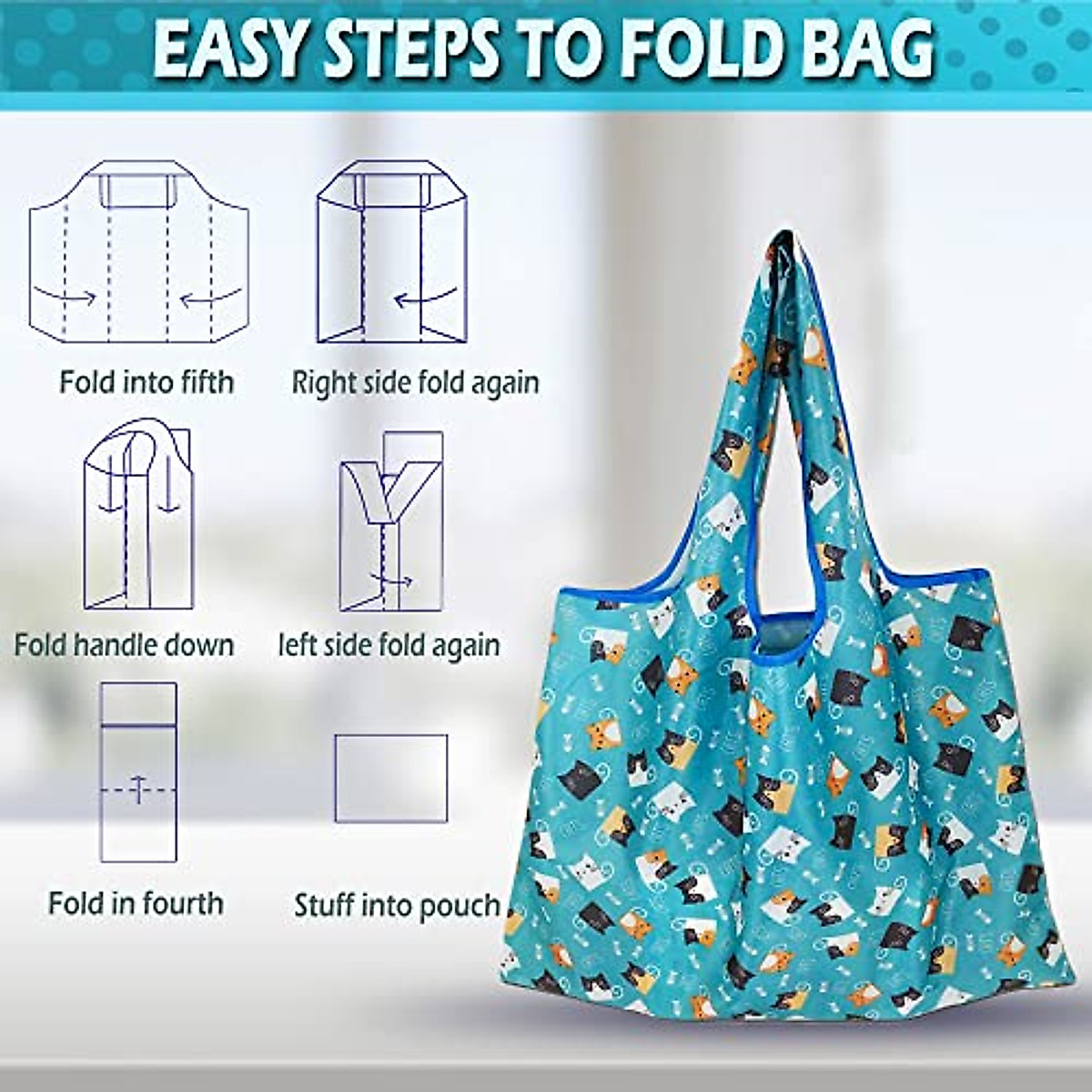 6 Pack Reusable Grocery Shopping Tote Foldable Bags with Pouch, Large Capacity, Durable, Washable, Heavy Duty Lightweight, Eco-Friendly, Waterproof, Geometry Animal Floral Design also for Travel, Gift (Animal Style)