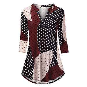 BAISHENGGT Womens Tunics Notch V Neck Tops 3/4 Sleeve Work Blouses Dressy Casual Going Out Shirts Large Polka Dot