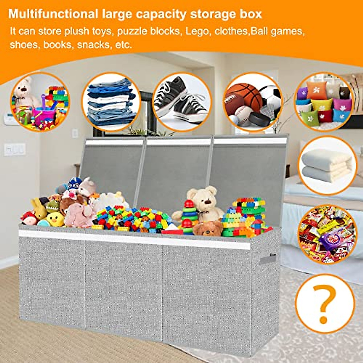 Pantryily Extra Large Toy Box for Girls Boys - Collapsible Kids Toy Chest Boxes Organizers and Storage for Nursery,Playroom,Office 35.8"x12.6"x16"(Grey)