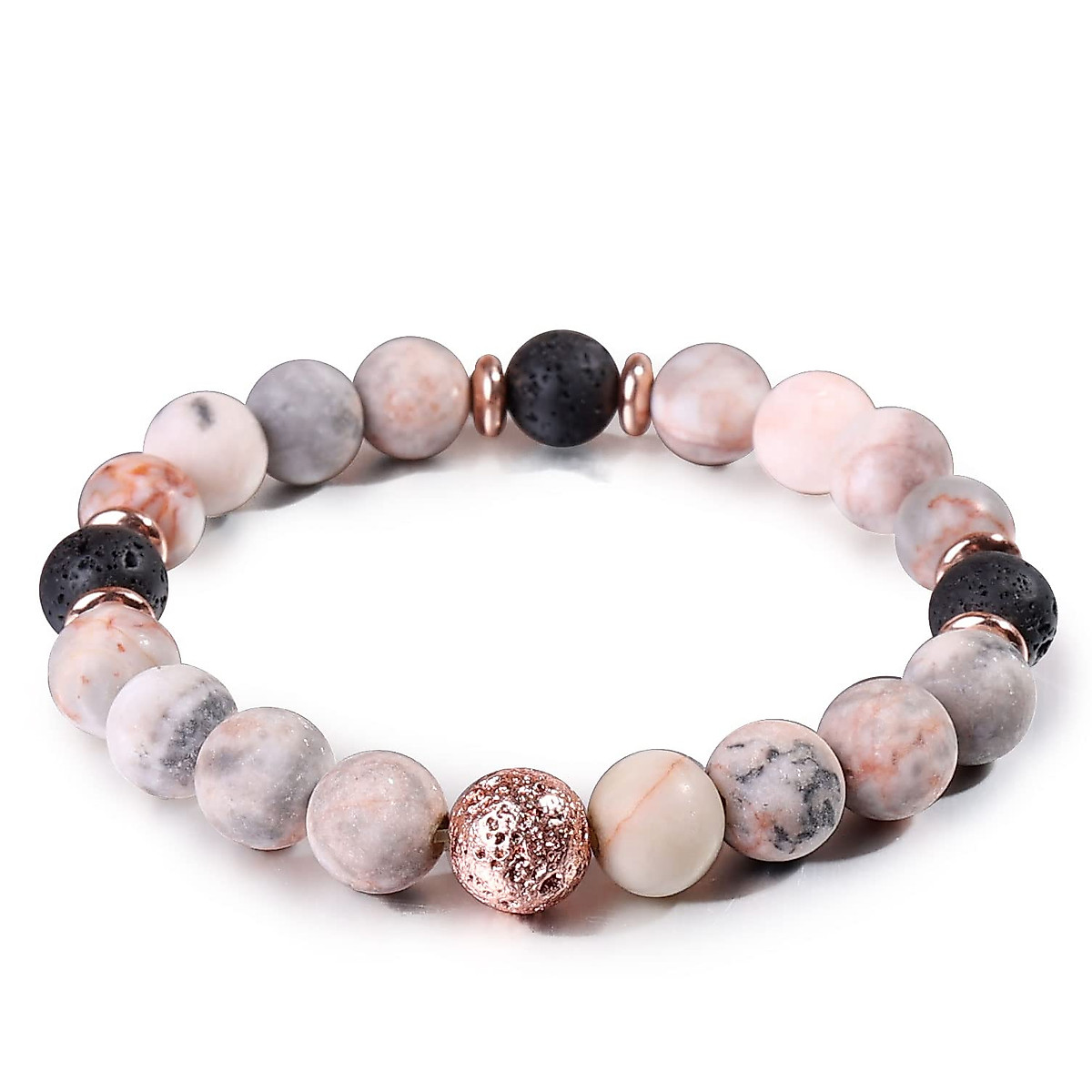 Lava Rock Pink Zebra Jasper Bracelet, Stress Relief Yoga Relaxation Bracelets, Natural Crystal Stone Healing Spiritual Bracelet,Adjustable Beaded Bracelet, Bring Good Luck Gift, Agate