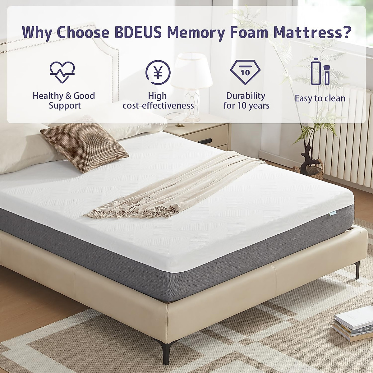 BDEUS Queen Mattress, 10 inch Gel Memory Foam Queen Size Mattress for Cool Sleep & Pressure Relief, Medium Firm Bed Mattresses, Bliss