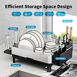 SanDream Dish Drying Rack, Stainless Steel Dish Rack for Kitchen Counter, Dish Drainer for with 360° Rotatable Drain Spout & Utensil Holder, Saving-Space Kitchen Organizer with Cups Holder, Black